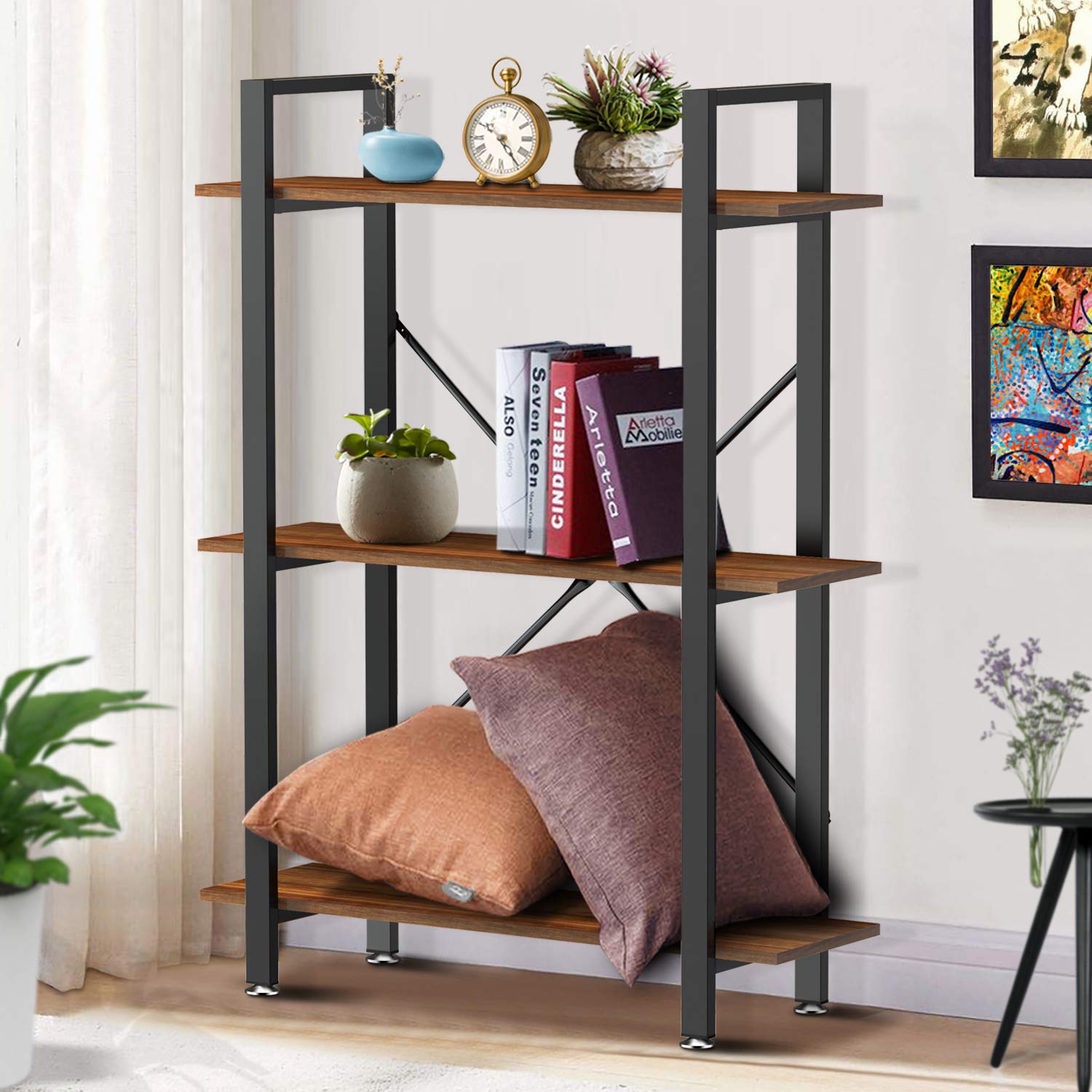 Yesker 3 Tier Bookshelf, Industrial Style Bookcase with Wood and Metal Frame, Open Storage Bookshelf for Home Office, Vintage Brown