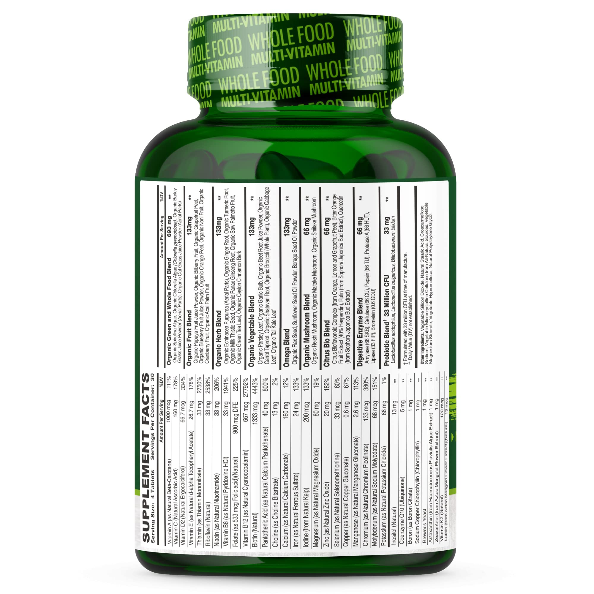 Whole Food Multivitamin for Men - Natural Multi Vitamins, Minerals, Organic Extracts - Vegan Vegetarian - 120 Tablets