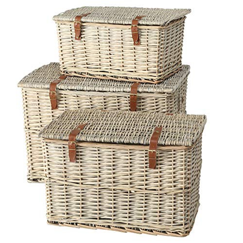 WHW Whole House Worlds Cape Cod Wicker Storage Trunks, Set of 3 Sizes, Faux Leather Straps and Handles, Hinged Tops
