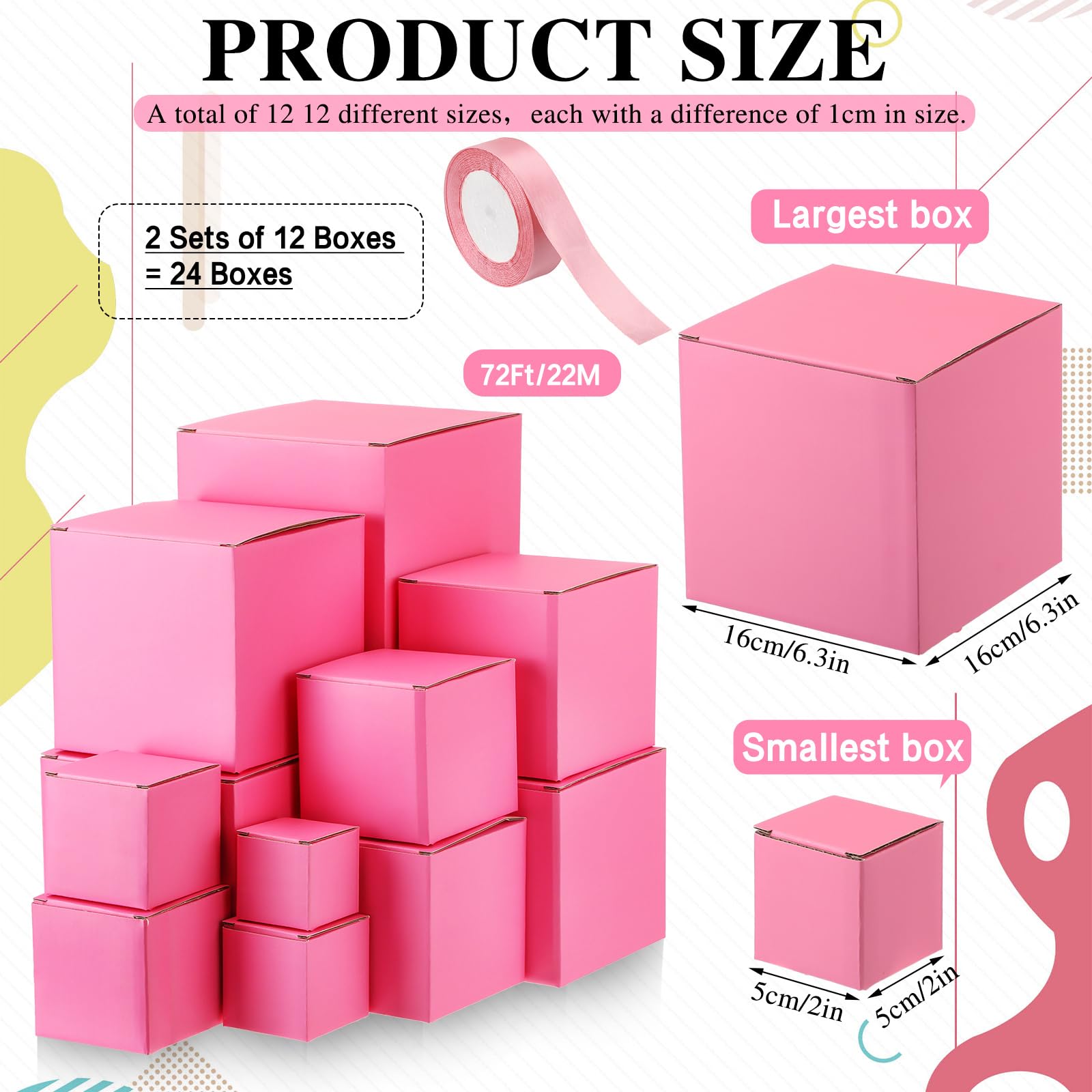 Yeaqee 24 Pcs Prank Gift Box with Ribbon Nesting Gift Boxes Assorted Sizes Surprise Square Funny Gag Gift Box for Packaging Presents Weddings Birthday Christmas Anniversaries, 1.9-6.3 Inch (Pink)