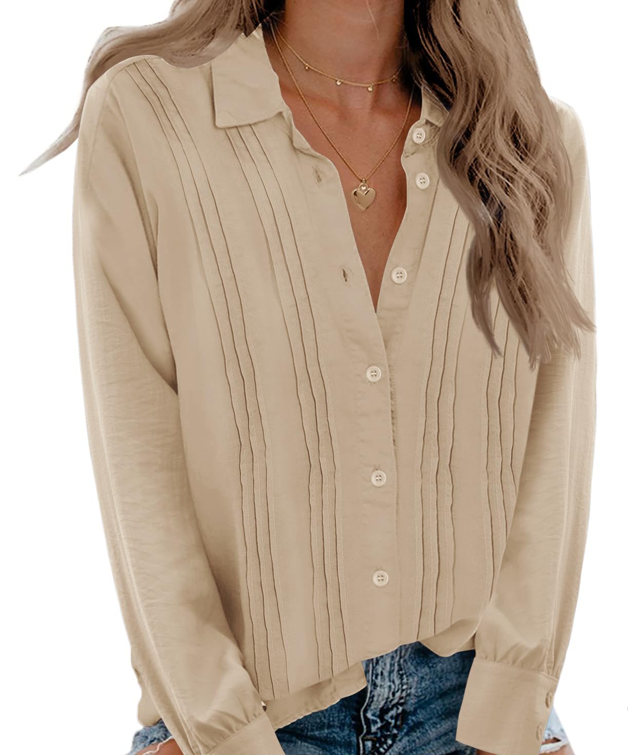 VVK Button down Tops for Women Long Sleeve Business Linen Shirts Casual Collared Blouses Office Blusas Camisas para Mujer Khaki Medium