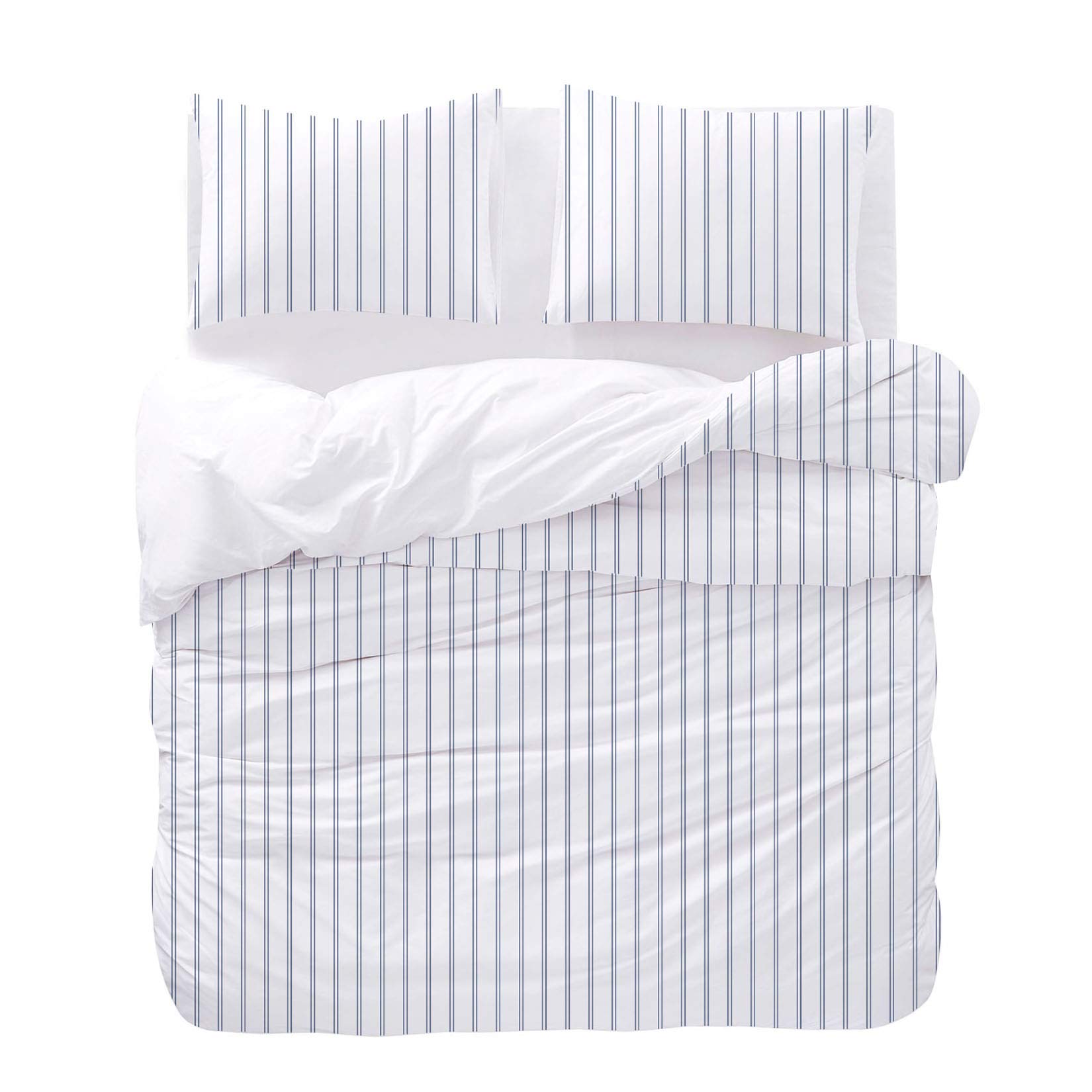 Wake In Cloud - Striped Comforter Set, Ticking Stripe Vertical Pinstripe Neutral Farmhouse Pattern Printed, Soft Lightweight Bedding, 3 Pieces, Navy White, Queen Size