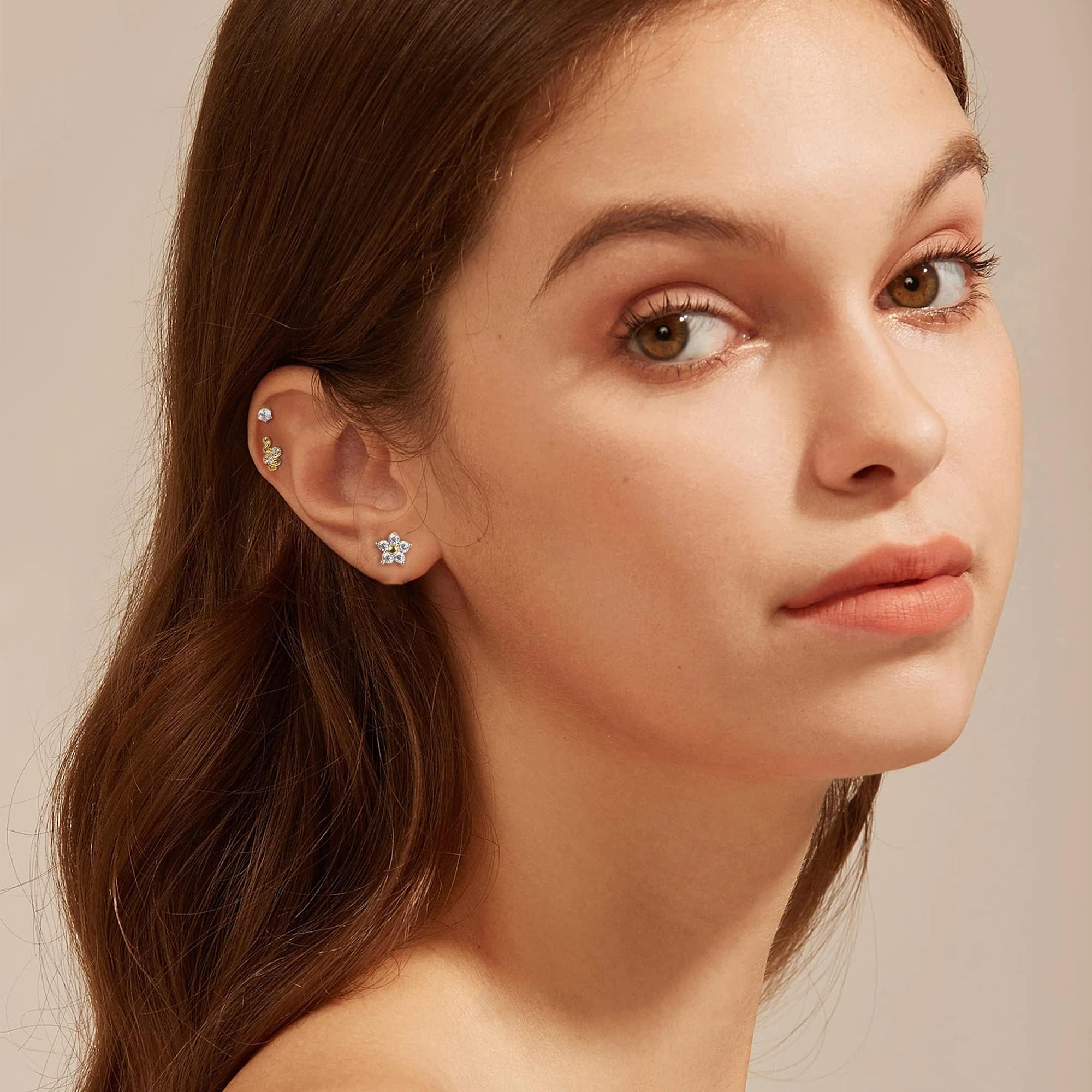 Thunaraz 24Pcs Surgical Steel Stud Earrings for Women Men 20G Tiny Cartilage Earrings Stud Small Snake Moon Star Butterfly Flower Hypoallergenic Screwback Flat Back Stud Earrings Piercing Jewelry