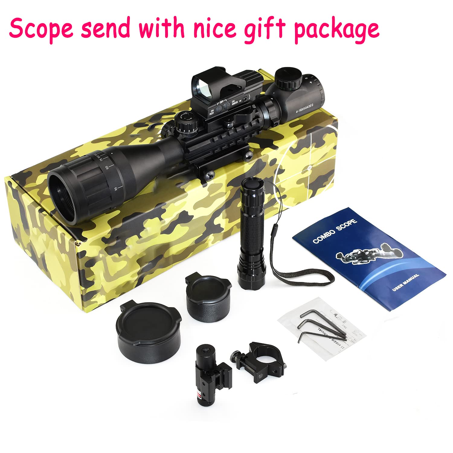 XOPin 4-16x50AO Rifle Scope Combo Dual Illuminated with Green Laser Sight 4 Holographic Reticle Red Dot for Rail Mount