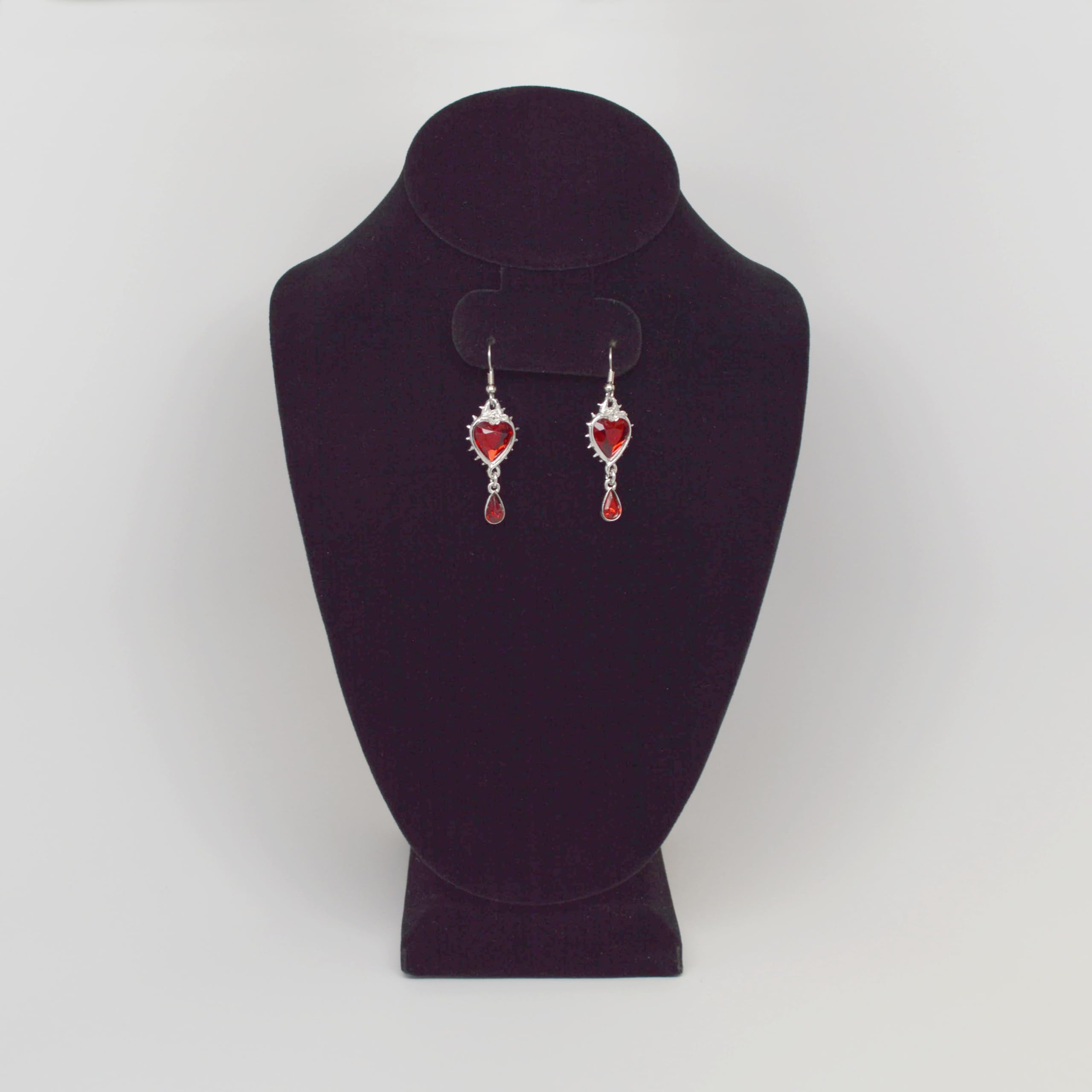 Valentines' Day Red Heart Romance Dangle Earrings Austrian Crystals Thorns and Roses Silver Finish
