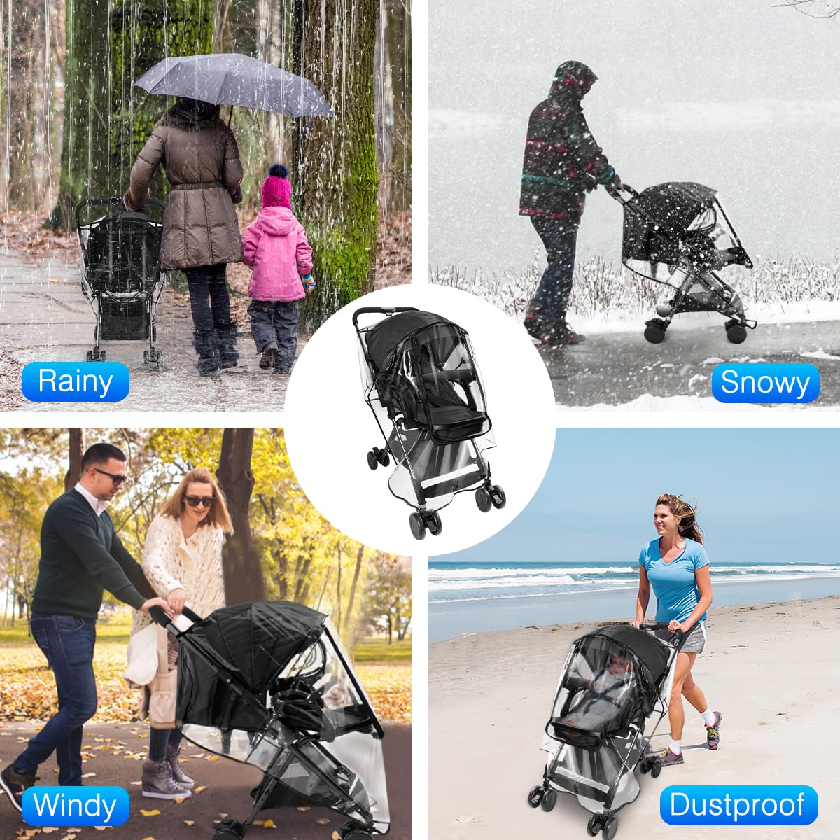 Zooawa Stroller Rain Cover, Universal Size Baby Christmas Travel Weather Shield Food Grade EVA Plastic Waterproof Windproof Dust Resistant Stroller Raincover for Jogger Stroller Buggy Pram - Clear