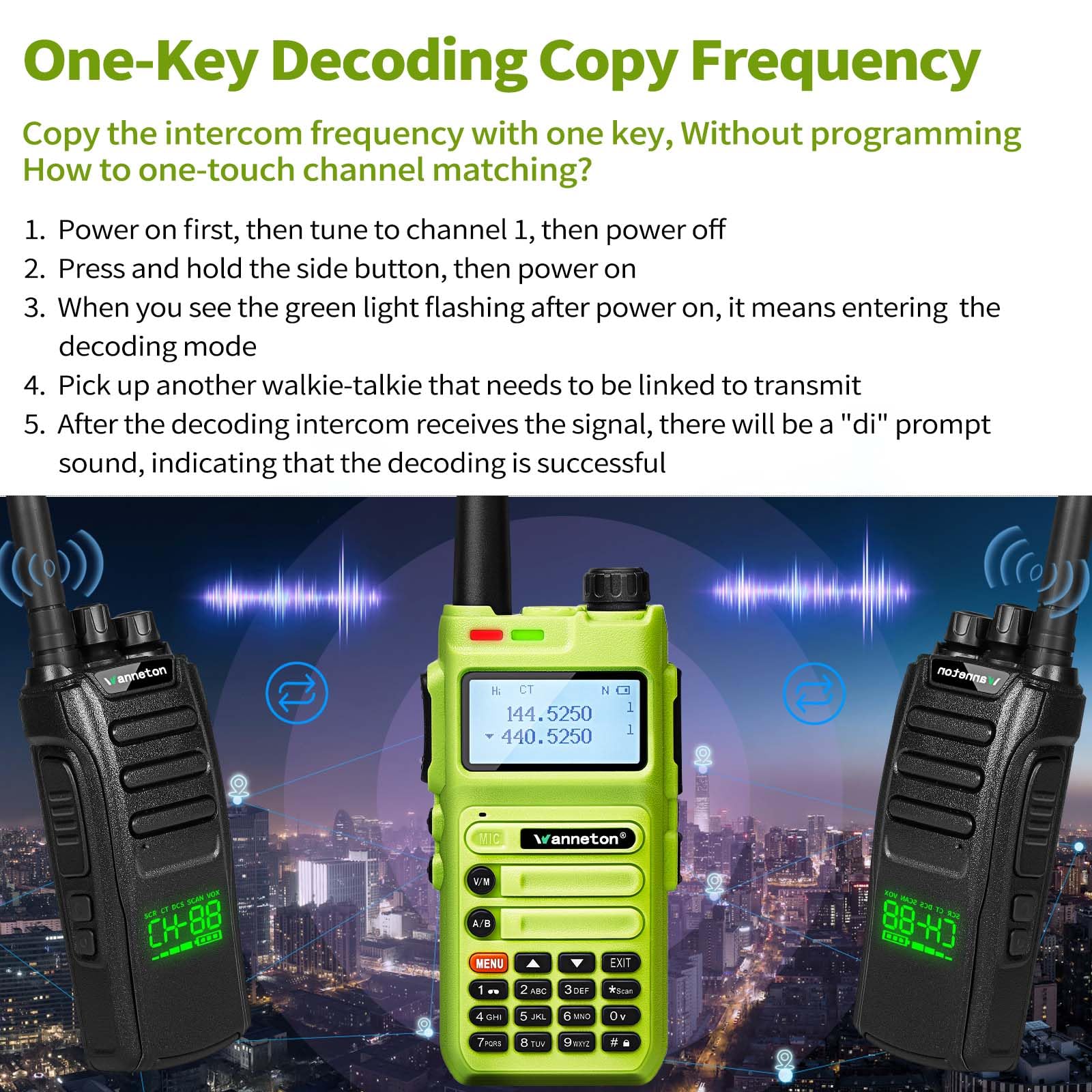 Wanneton UV5F ham Radio Handheld Dual Band Two Way Radio Rechargeable Walkie Talkies with One-Key decoding Copy Frequency and Super Bright Flashlight and Large Battery