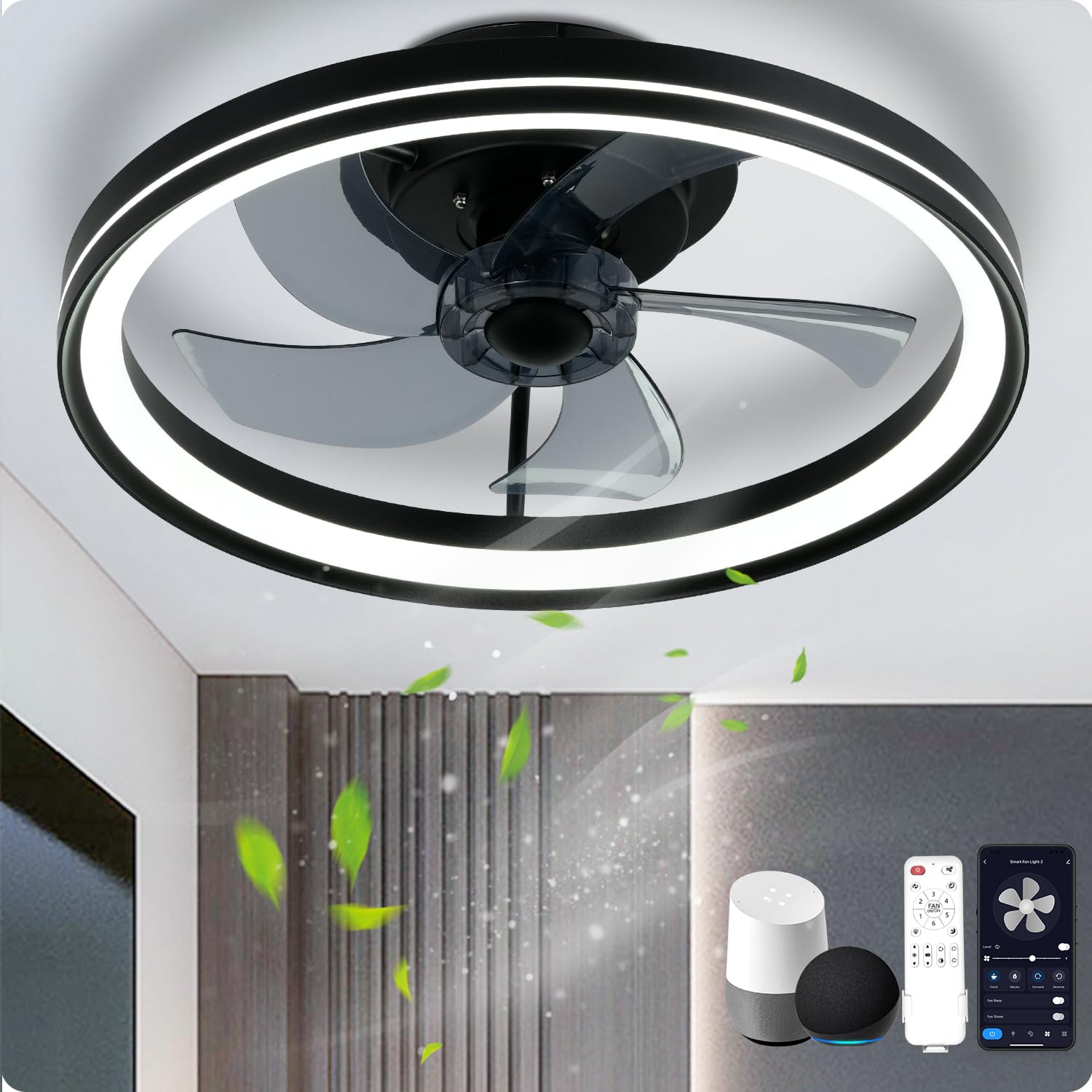 YeetFerret Smart Ceiling Fans with Light Compatible with Alexa and Google Assistant,Bladeless Ceiling Fan with Light Flush Mount 3 Color LED 6 Speeds Low Profile Ceiling Fan