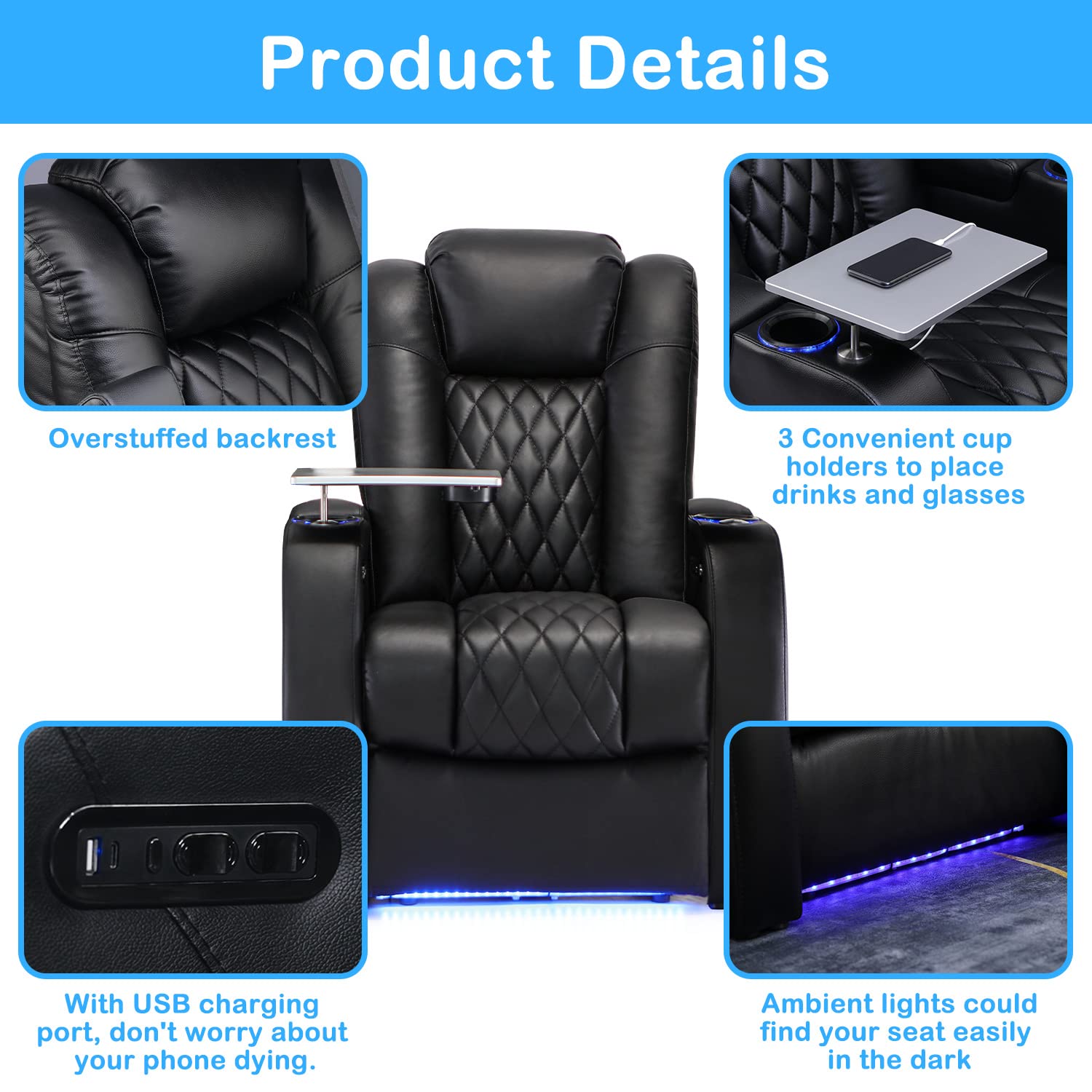 Weilianda Home Theater Seating Top Grain Leather Recliner Chair with Dual Power,Type-C USB Charge,and Wireless Charging with Tray Table - Black