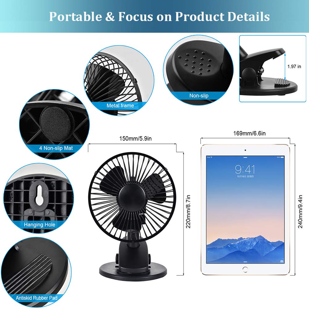 YIHUNION Oscillating Clip On USB Desk Fan, 2 in 1 Personal USB Powered Fan Desktop Table Cooling Portable Fan with 3-Speeds for Office, Dorm, Libraries and Bedroom