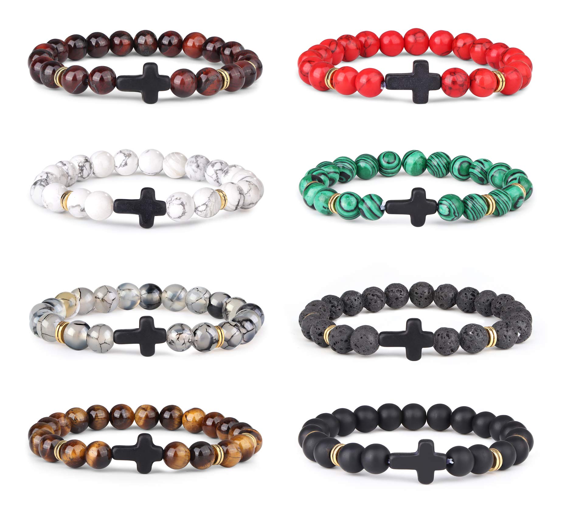 YADOCA 8 Pcs 8MM Beads Bracelet for Men Women Lava Rock Tiger Eye Stone Howlite Natural Stone Stretch Elastic Cross Bracelet Set