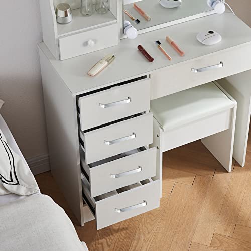White Vanity Desk with Mirror and Lights, Makeup Vanity Desk with 5 Drawers of Storage, Bedroom Makeup Dressing Table with Stool, White (JTO-05)