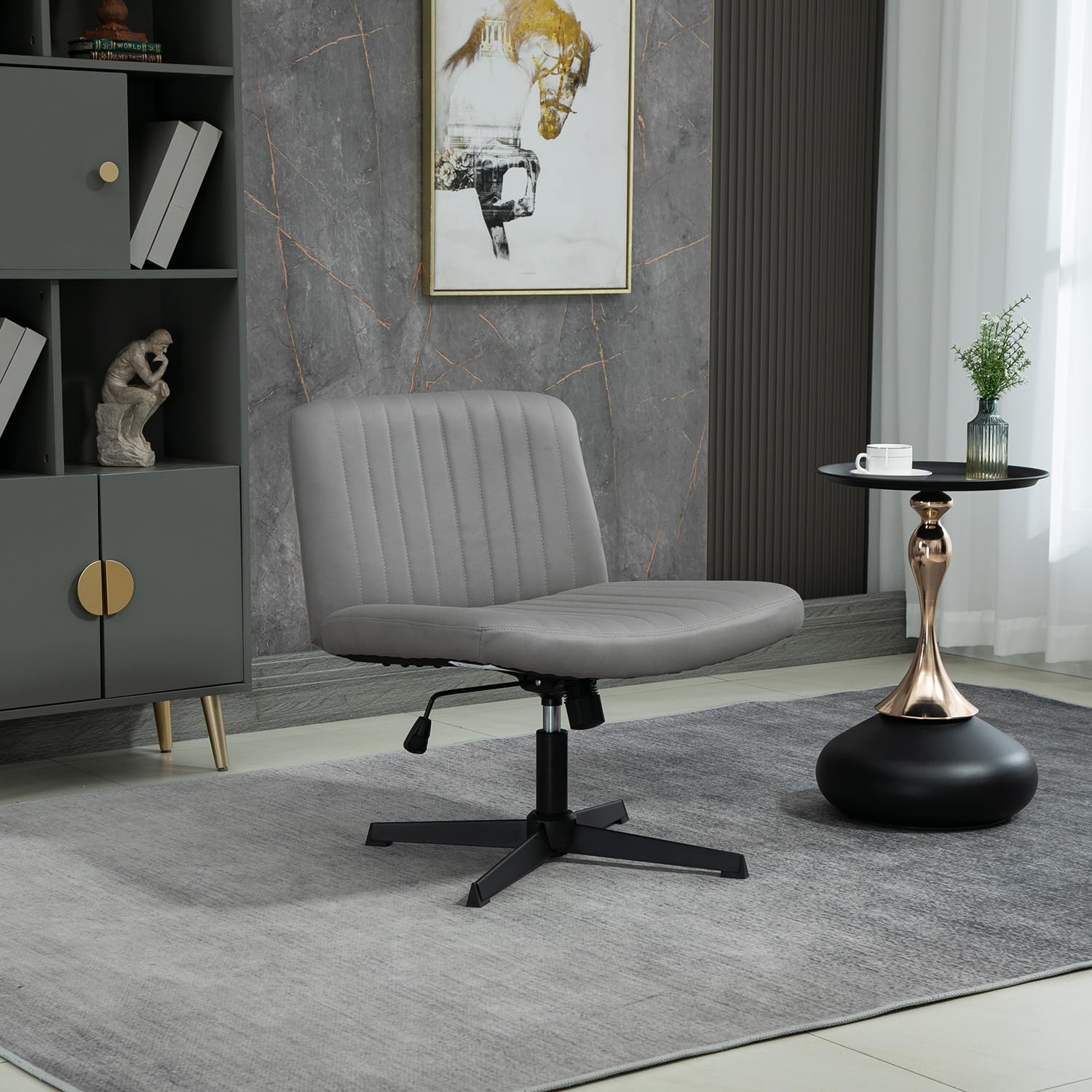 Yeolee Armless Office Desk Chair No Wheels, PU-Padded Vanity Chair with Ergonomic Mid-Back, Comfortable Adjustable Swivel Task Chair with Thickened Cushion for Home, Office (Silver Grey + PU Leather)