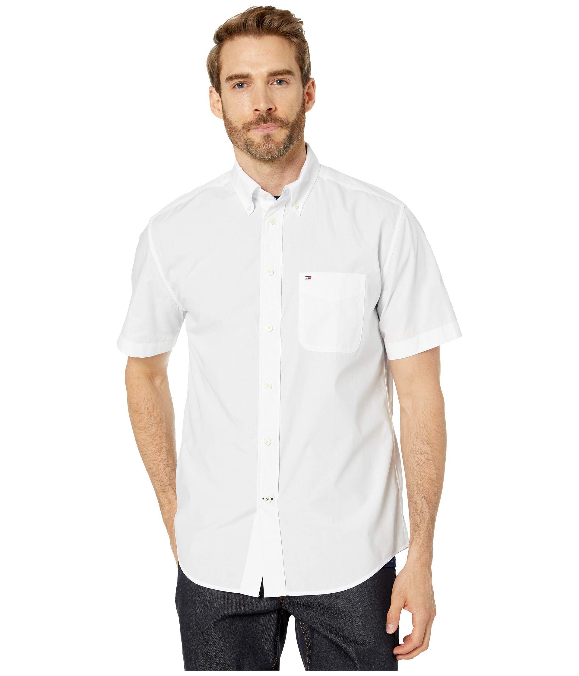 Tommy Hilfiger mens Adaptive Magnetic Short Sleeve Slim Fit Button Down Shirt, Bright White, Large US