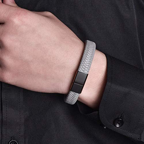 Xiausyang Simple style braided leather bracelet stainless steel inverted magnet buckle bracelet (Grey, 8)