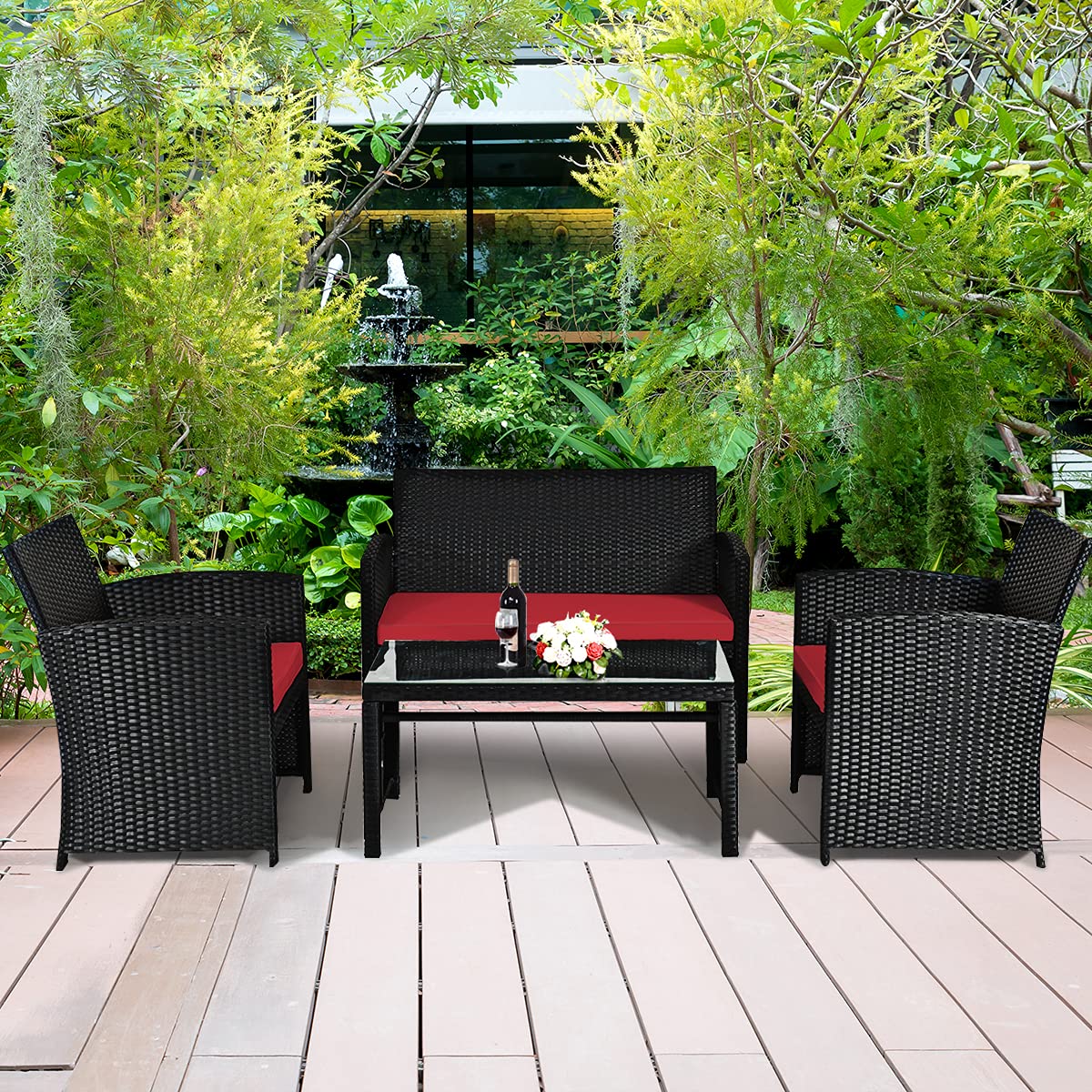 Tangkula Patio Wicker Conversation Furniture Set, Patiojoy Sofa & Table Set w/4 Seats, Outdoor Rattan Sofa Set for Balcony Backyard, Wicker Chair Set with Tempered Glass Coffee Table (1, Red)