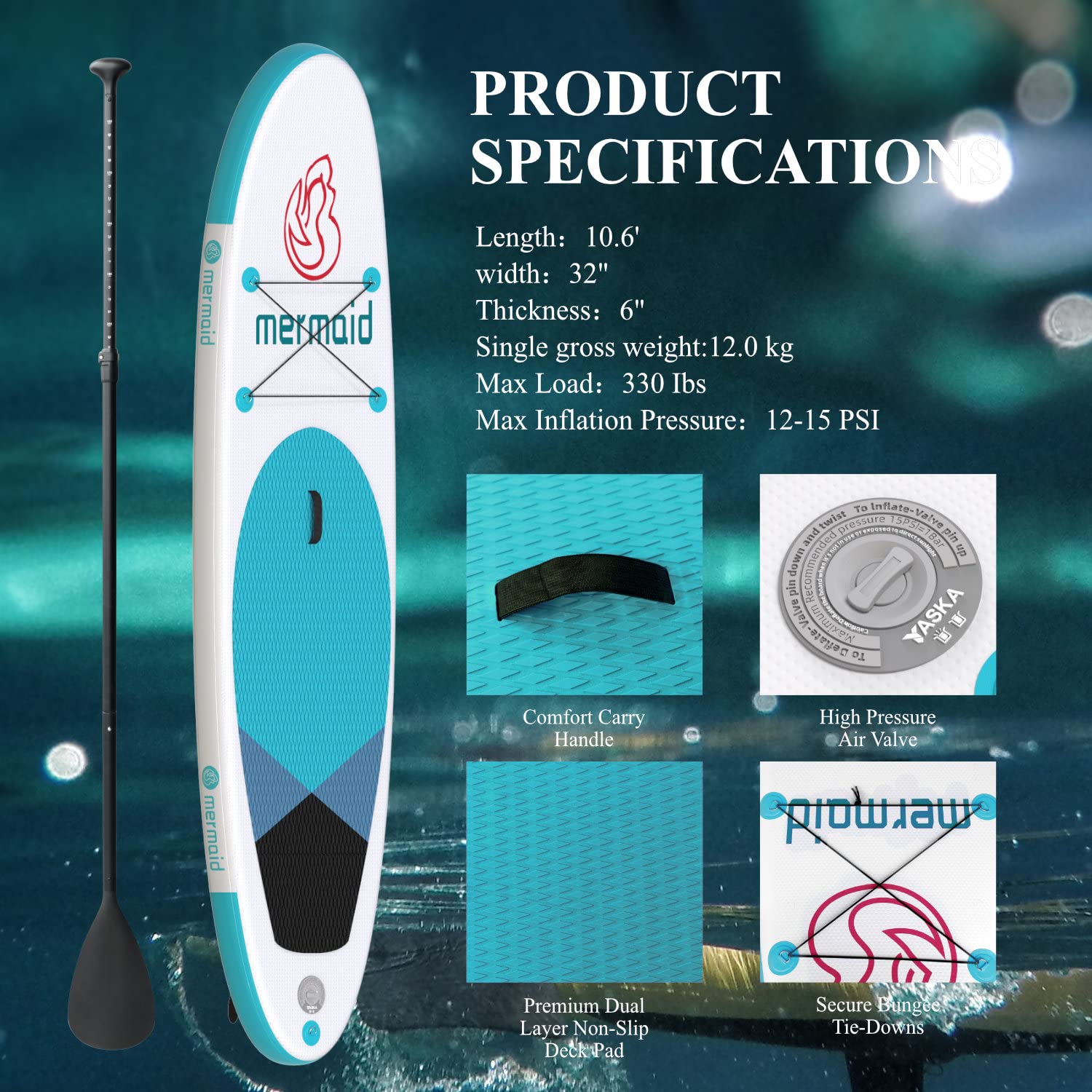 YASKA Inflatable Paddle Board for Adults, Stand up Paddle Board with Premium SUP Accessories Fin, Leash, Hand Pump, Backpack for Adult(Blue)