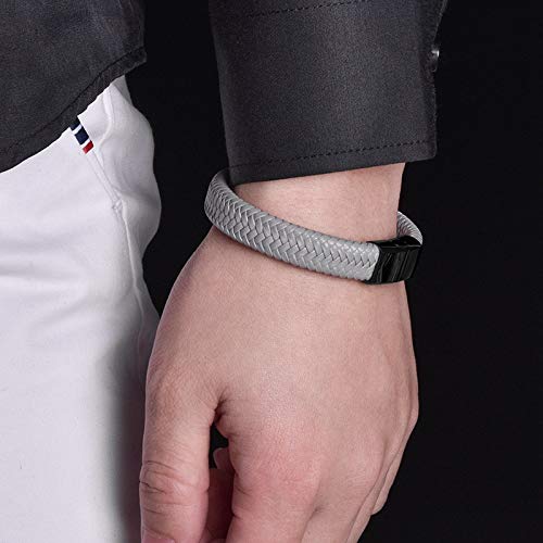 Xiausyang Simple style braided leather bracelet stainless steel inverted magnet buckle bracelet (Grey, 8)
