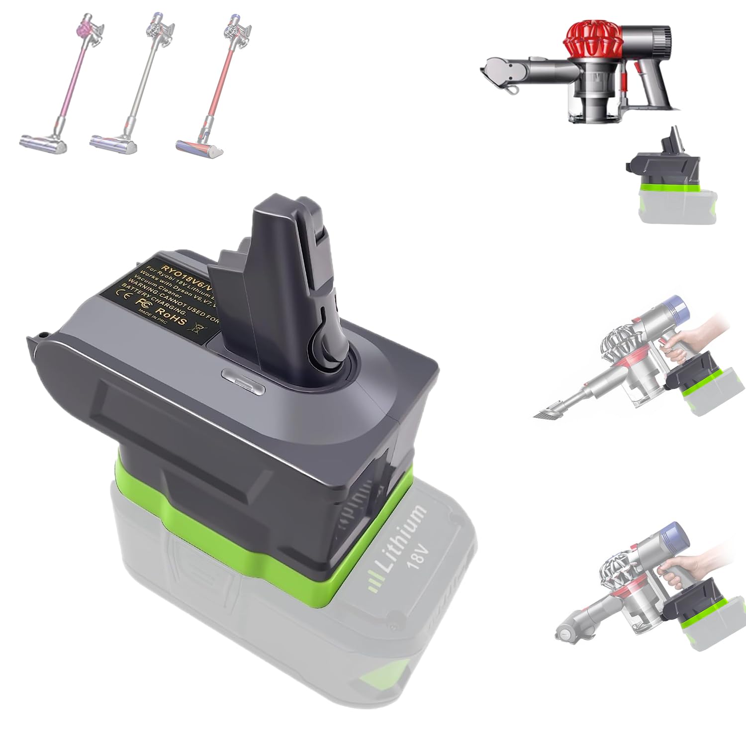 URUN ăNew Versionă 3-in-1 Battery Adapter for Dyson V6+V7+V8 Vacuum Cleaner, Vacuum Adapter for Ryobi 18V Convert to for Dyson V6 V7 V8 Animal Absolute Stick Handheld Vacuum Cleaners(No Battery)