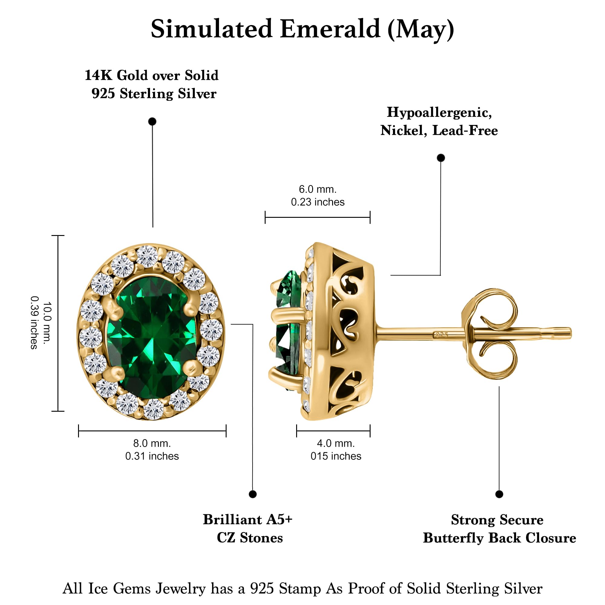 Yellow Gold Flashed Sterling Silver Simulated Emerald and Cubic Zirconia Accents Oval Halo Stud Earrings