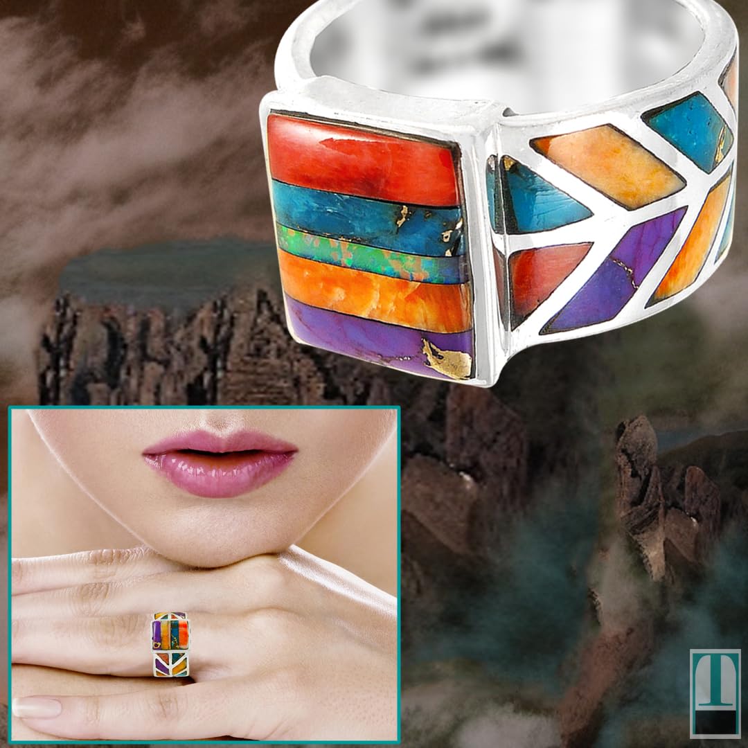 Turquoise Ring Sterling Silver 925 Genuine Gemstones Size 6 to 11 (Choose Color) (Multi-00, 7)