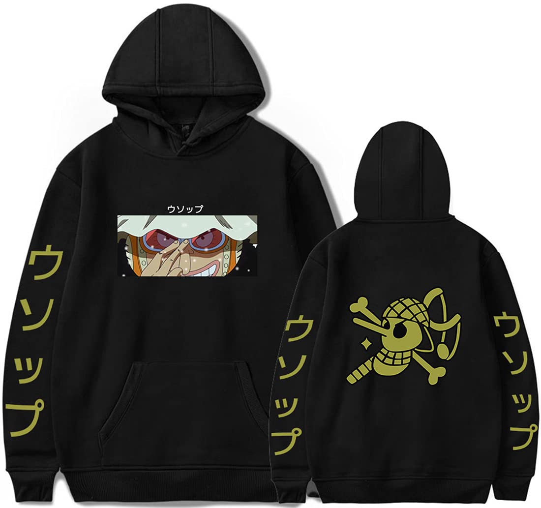 WINKEEY Men's Hoodie Japanese Anime Character Print Cosplay Sweatshirt Luffy Zoro Pullover, Black Usopp XXS