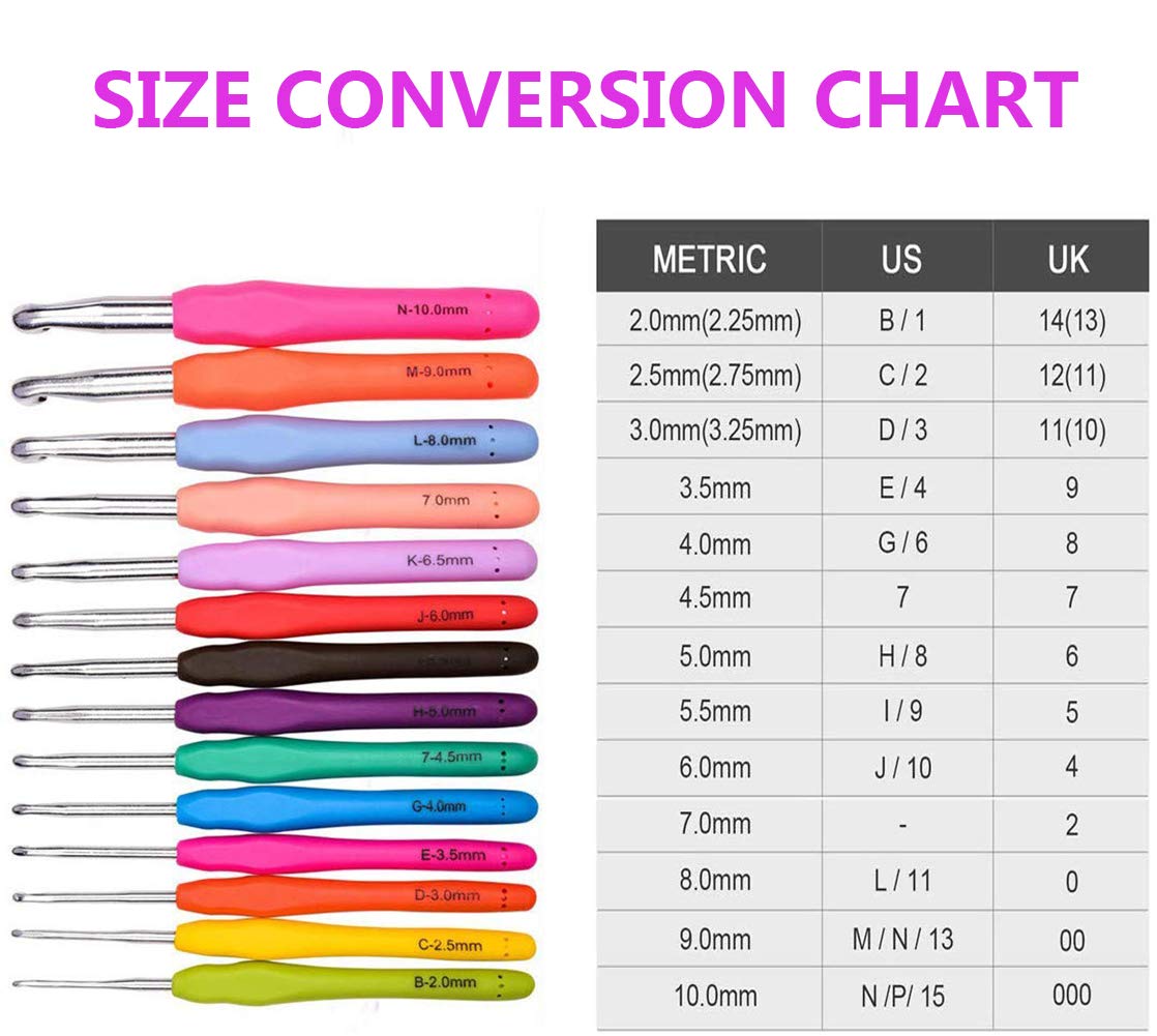 YCbingo Crochet Hooks Set,14 Pcs Ergonomic Soft Grip Handles Large-Eye Blunt Knitting Needles Kit with Case for Arthritic Hands,2mm(B)-10mm(N) Extra Long Plus Knit Needles Weave Yarn Set (Style 1)