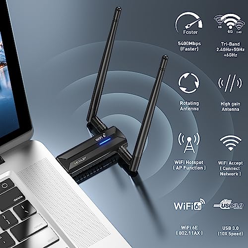 USB 3.0 WiFi 6E AX5400M WiFi Adapter for PC, 802.11AX, Tri-Band 6GHz/ 5GHz/ 2.4GHz, Dual 5dBi Antennas, USB WiFi Dongle Wireless Network Adapter for Desktop PC Laptop, Only Work for Windows 11/10