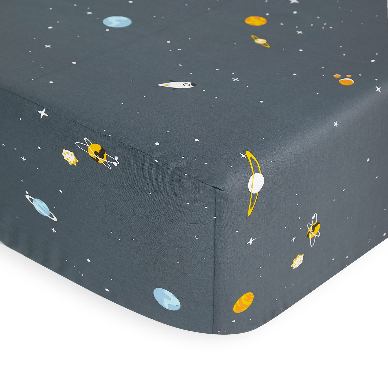 Wake In Cloud - Space Bed Sheets for Boys, 100% Cotton, 4-Piece Sheet Set Kids, Galaxy Celestial Stars Rockets Sun Moon Pattern Printed Bedding, Deep Pocket, Gray, Twin Size