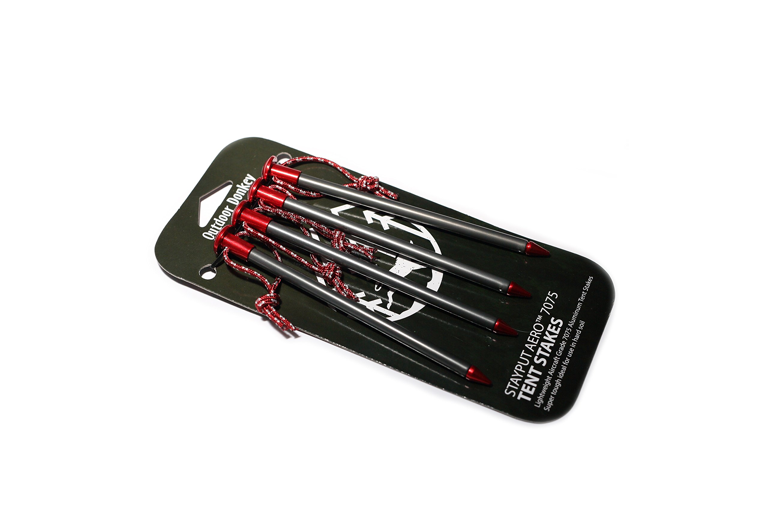 StayPut! Aero 7075 Lightweight Aluminum Anchor Peg Tent Stakes with Reflective Pull Cords for Hammock Camping and Backpacking (4-Pack, Titanium Gray & Red)