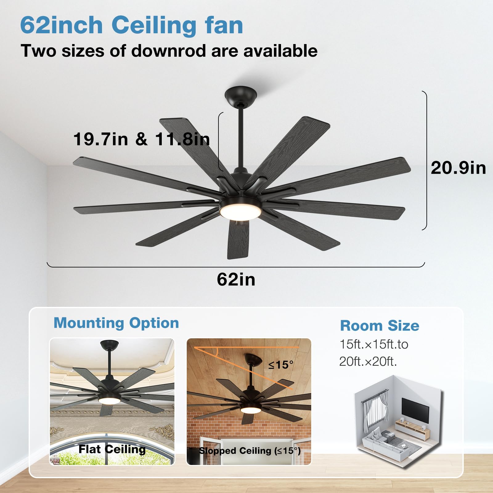 warmiplanet Ceiling Fan with Lights Remote Control, 62-Inch, Silent DC Motor, 6 Speed, Dimmable LED Light, Black(9-Blades)