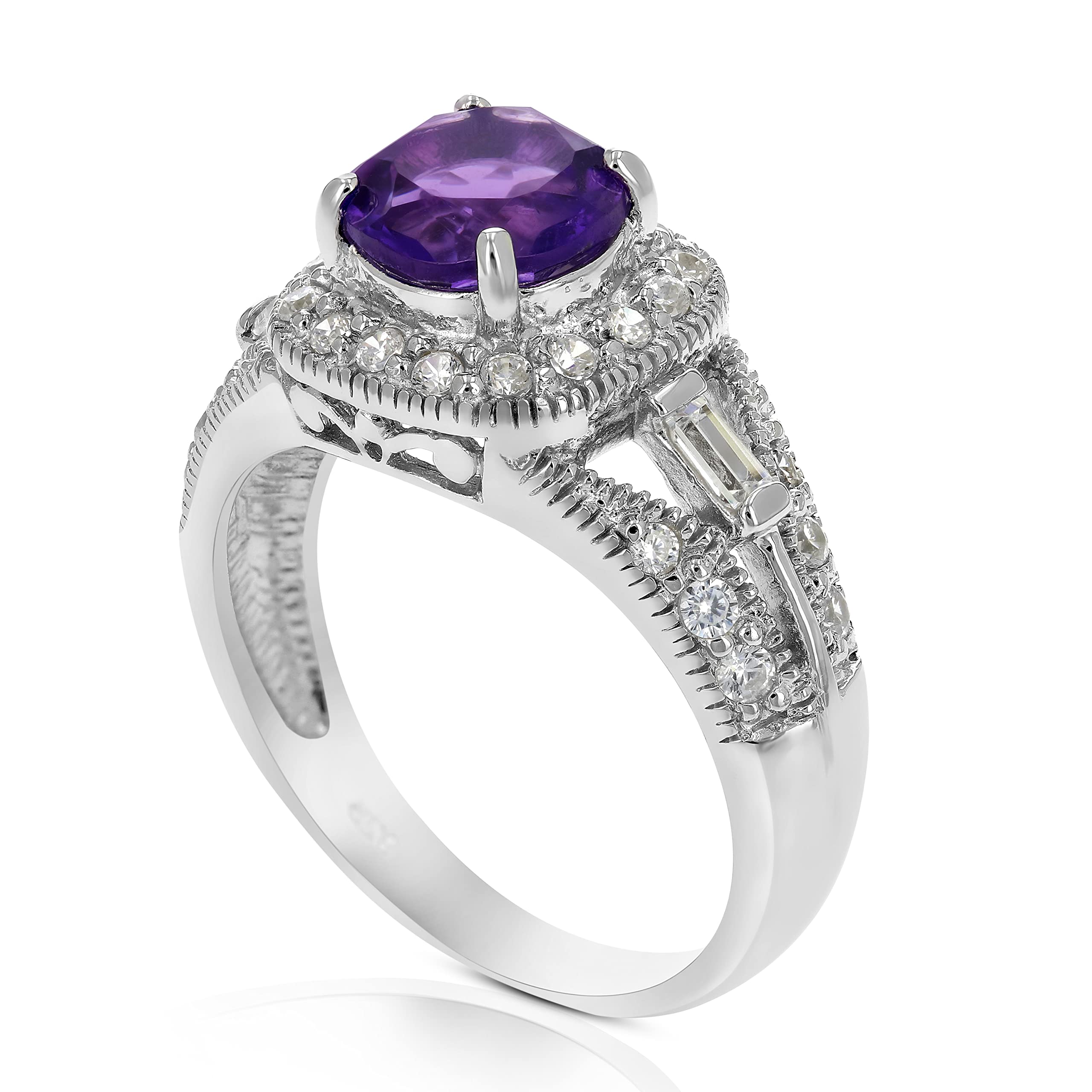 VIR JEWELS 0.85 cttw Purple Amethyst Ring .925 Sterling Silver with Rhodium Round 7 MM Size 7