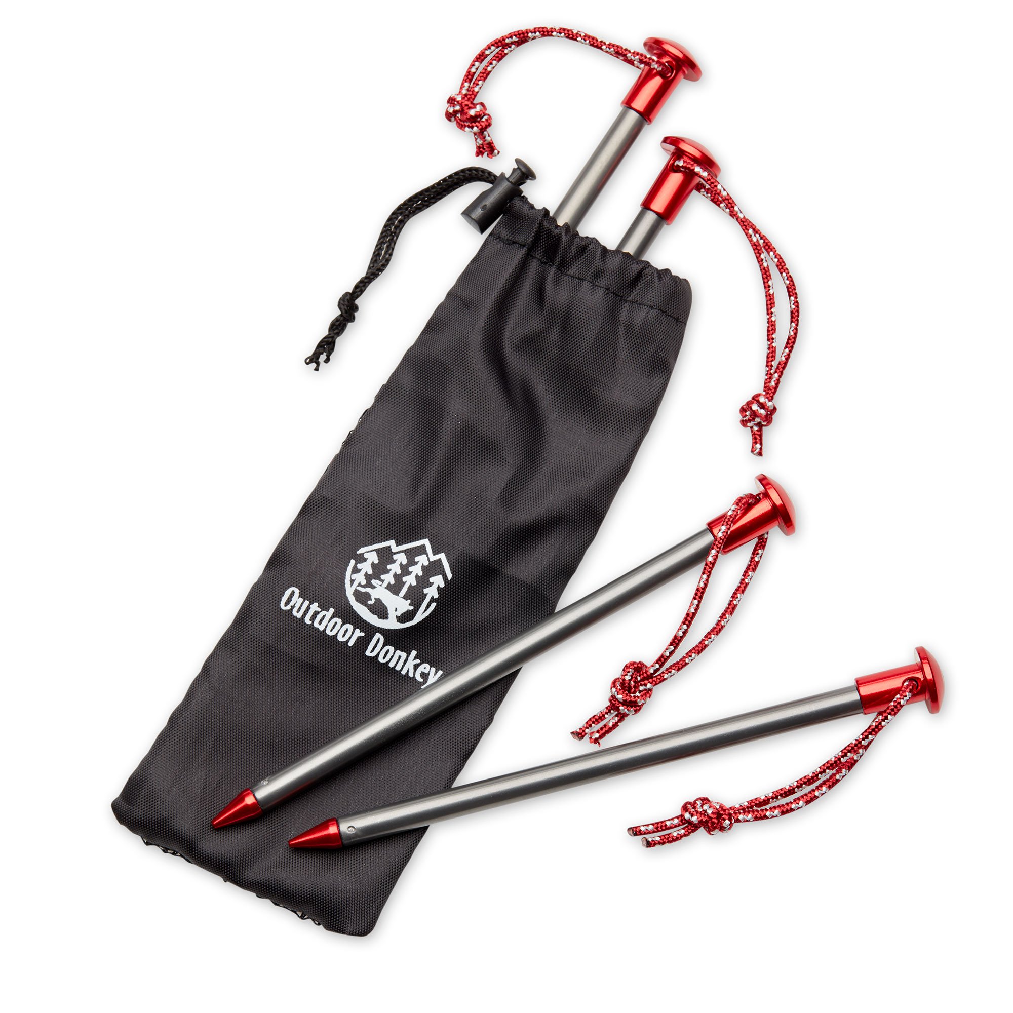 StayPut! Aero 7075 Lightweight Aluminum Anchor Peg Tent Stakes with Reflective Pull Cords and Storage Bag for Hammock Camping and Backpacking (Stakes with Storage Bag, 4-Pack, Titanium Gray & Red)