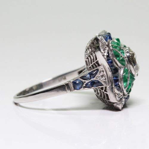Yuren 925 Sterling Silver Vintage Emerald Ring Blue Sapphire White Topaz Ring Women Wedding Fashion Jewelry Size 6-10 (US Code 7)