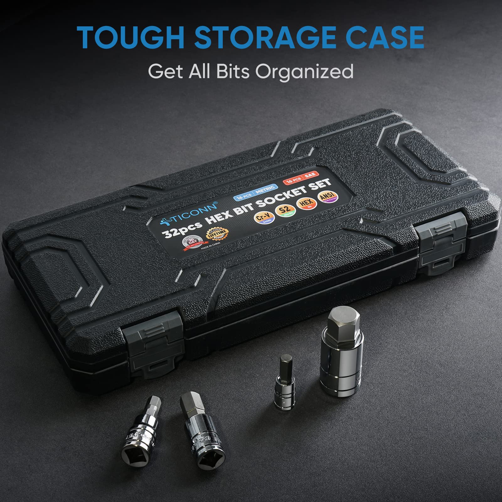 TICONN 32PCS HEX Bit Socket Set, SAE and Metric Hex Bit Set with Storage Case, S2 Alloy Steel Bits with Cr-V Steel Socket, Ideal for Automotive, Mechanics, Home Repair (Metric & SAE)