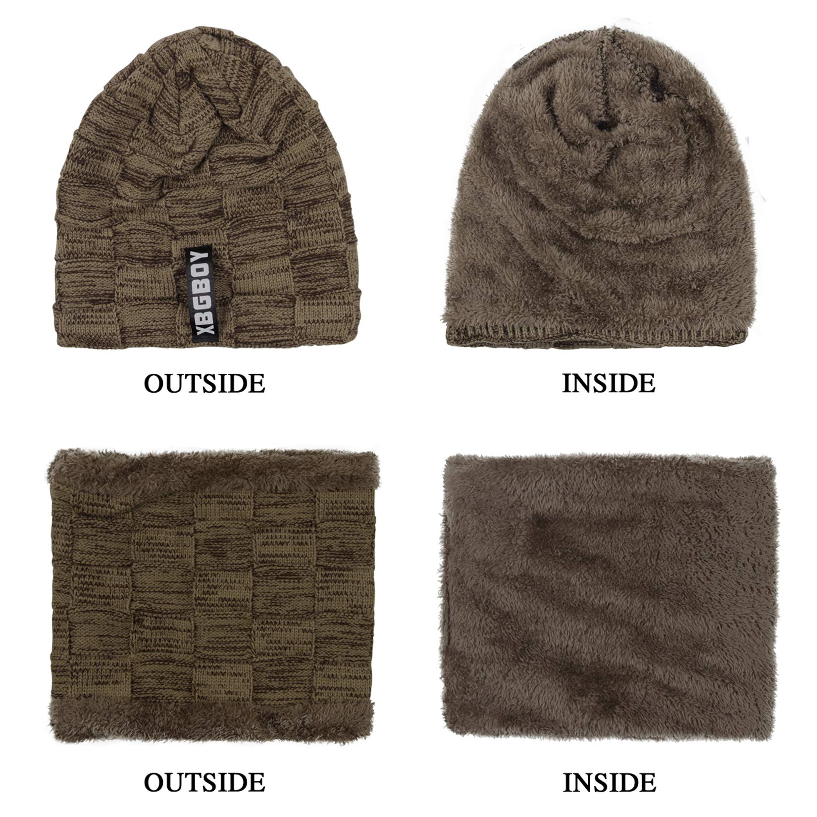Winter Beanie Hat Scarf Set for Men Warm Knit Hat Thick Neck Warmer with Fleece Lined Winter Cap (Khaki)