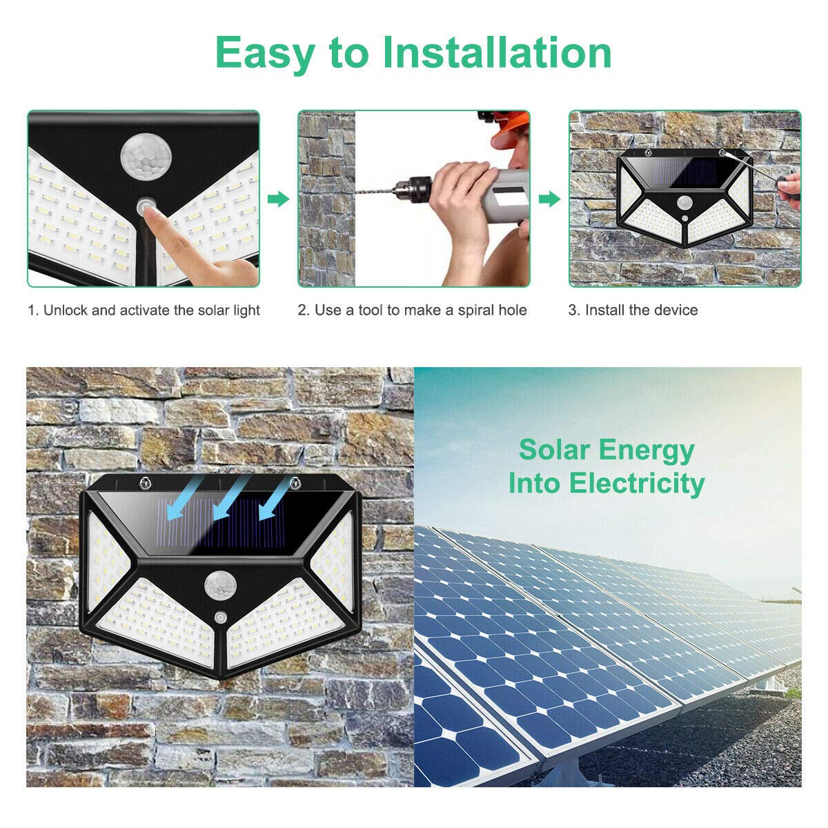 Wasatuo Solar Light Outdoor 100 LED Waterproof Security Wall Night Light with Motion Sensor 270° Wide Angle for Pathway Porch Yard Garage Garden Fence Walkway Driveway (1 Pack)
