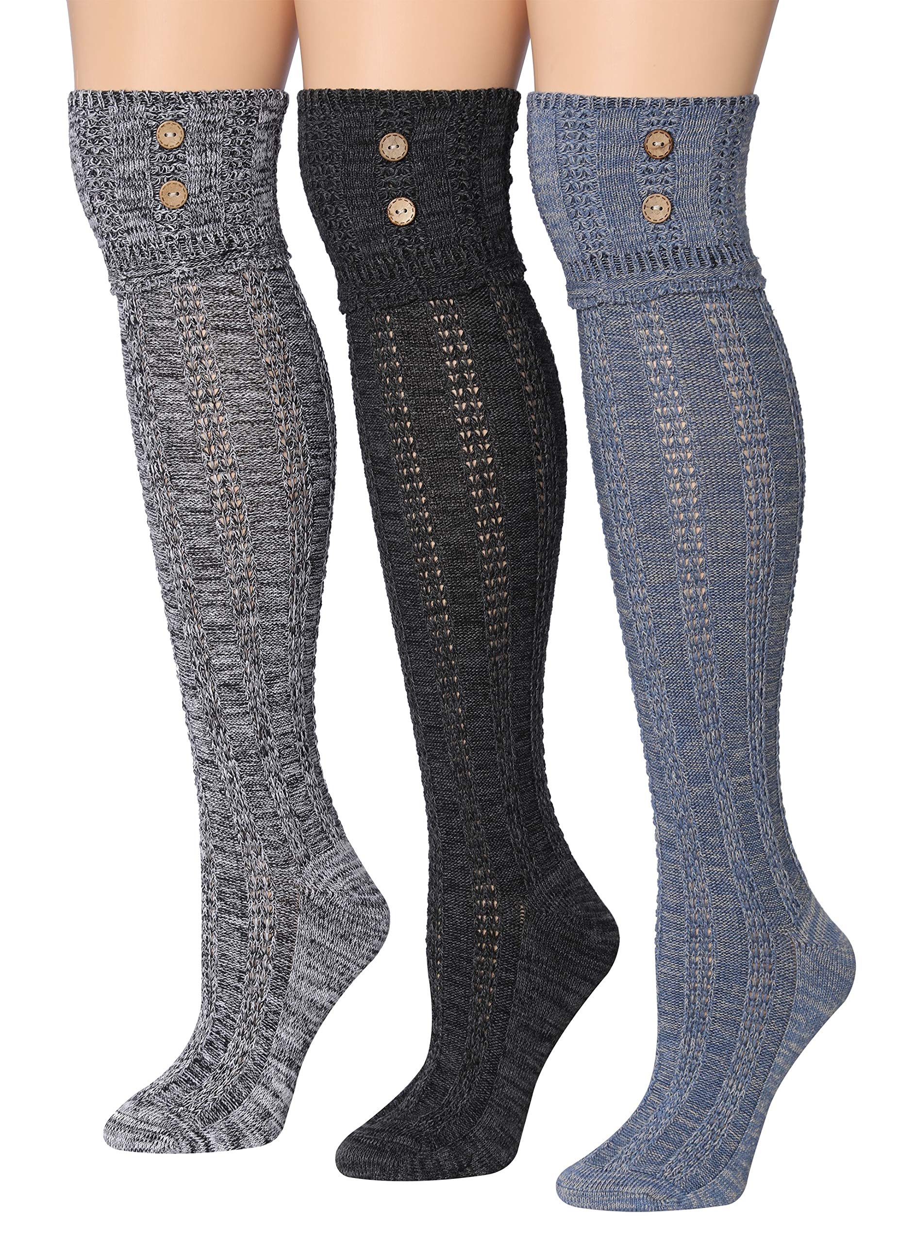 Tipi Toe Women's 3-Pairs Winter Warm Knee High/Over The Knee With Buttons Cotton-Blend Boot Socks KH01-A