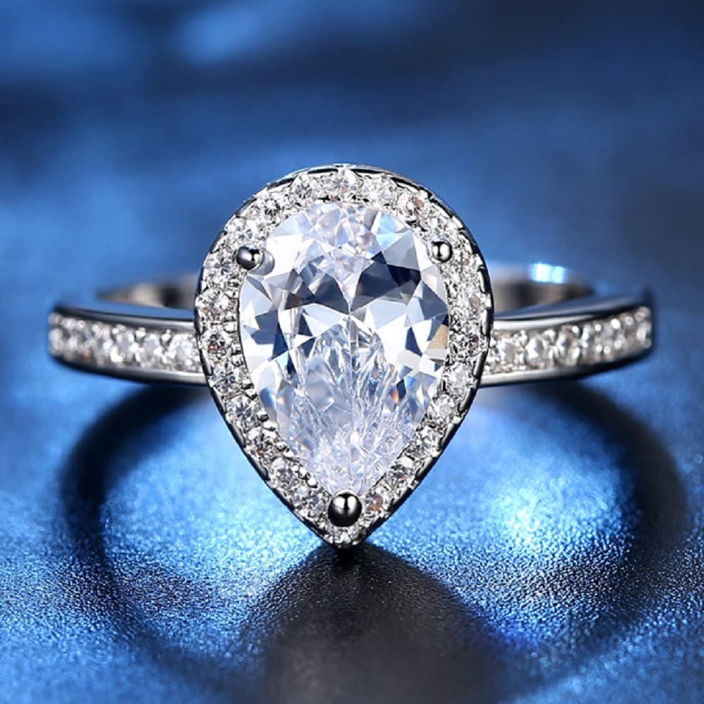 Xunuo Women's 18K White Gold Plated Teardrop Halo Pear Cut 3 Ct Cubic Zirconia CZ Solitaire Engagement Ring (US code 8)