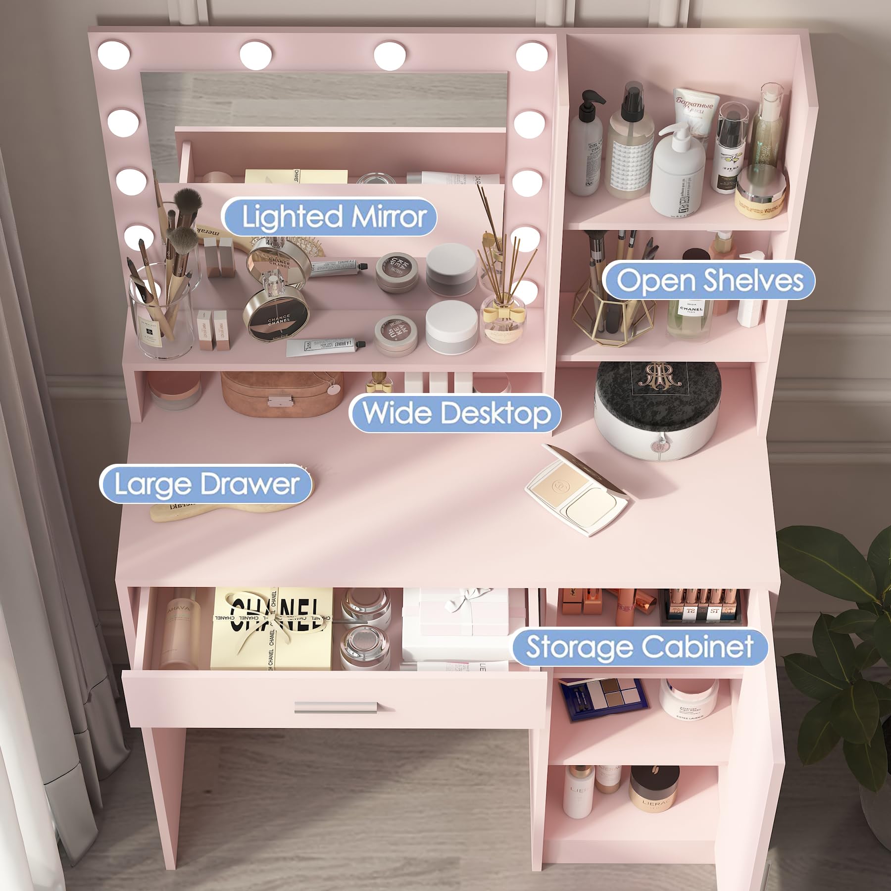 Vanity Desk with Mirror & Light, Large Drawer & Three Level Storage Dresser, 3 Lighting Modes Adjustable Brightness, Bedroom Dressing Table (Pink)