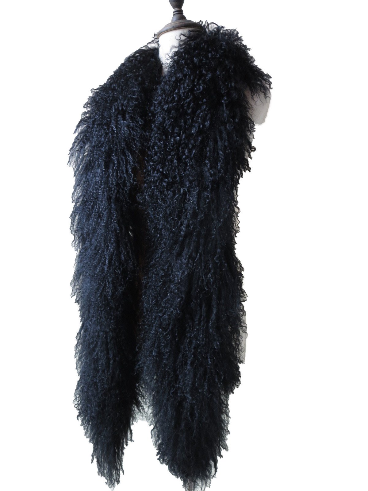 XUYUZUAU Real Mongolian Lamb Hair Scarf Wool Wraps Black Overlength Warm Black