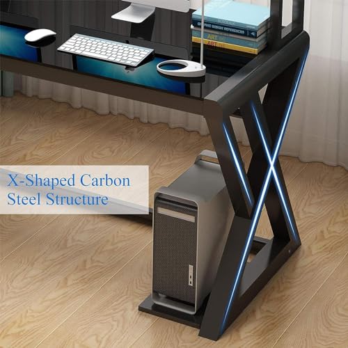 URRED Computer Desk with Shelves - Glass Top and Metal Frame Black Desk with 2 Tiers Shelves Modern Computer Desk with Storage Shelves for Home Office (55.1 inch+Shelves)
