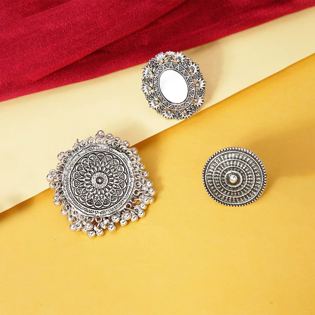 Yellow Chimes Designer Artistic Crafted Indian Bollywood Style Mirror Worked Oxidized Silver Combo of 3 Traditional Party Ware Adjustable Rings Indian Traditional Jewelry for Women from