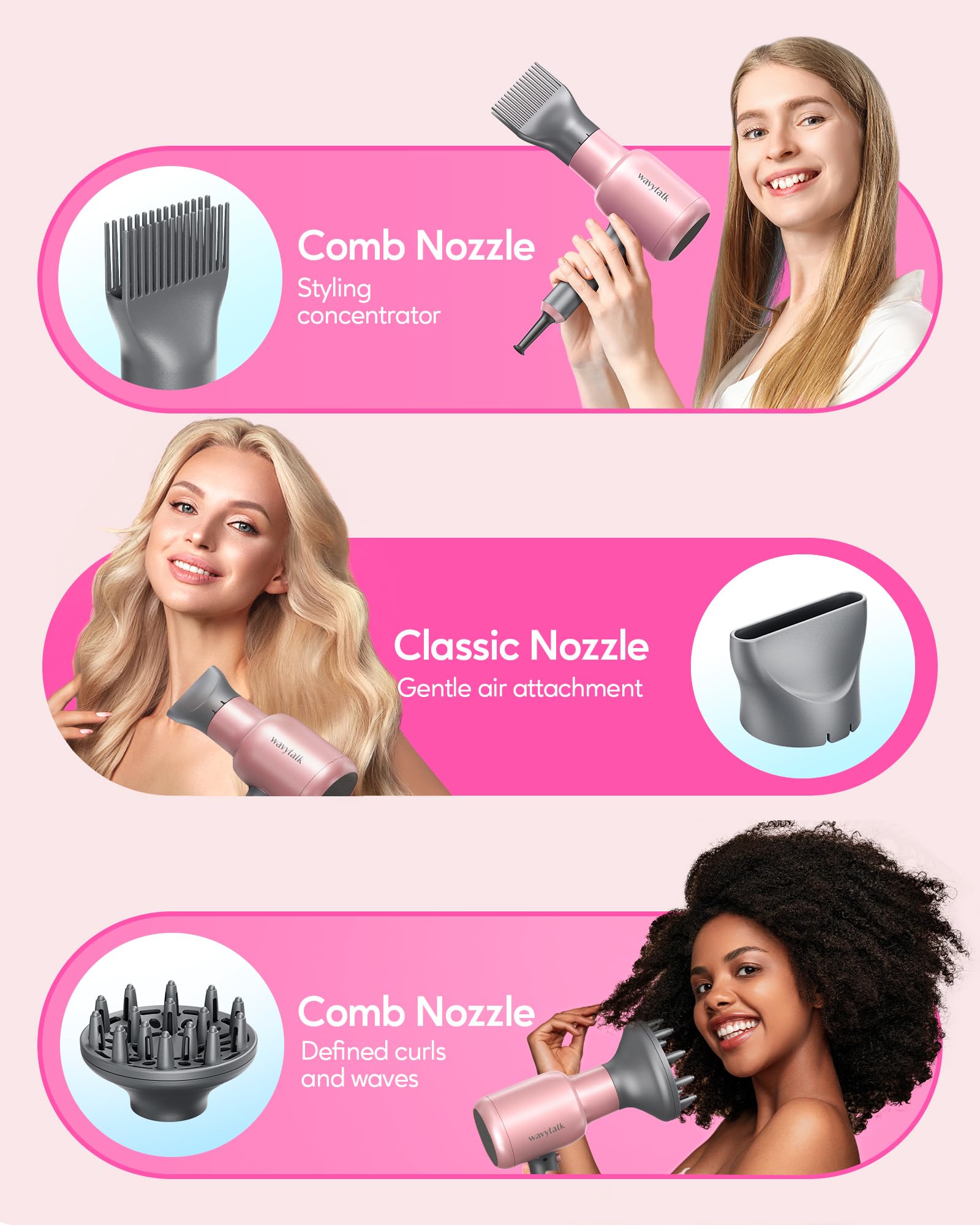 Wavytalk Professional Hair Dryer with Diffuser 1875W Power Dryer, Blow Dryer Ionic Hair Dryer for Women with Constant Temperature, Fast Drying &Low Noise, Millennial Pink