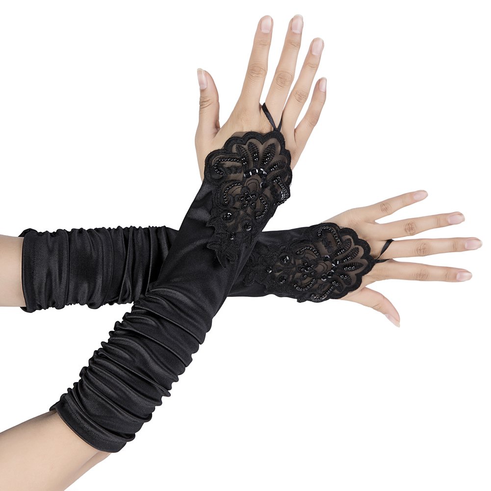 Xuhan 15"/ 21" Long Flapper Evening Opera Satin Gloves for Women Elbow Length 1920s (Black-13.8 inches)