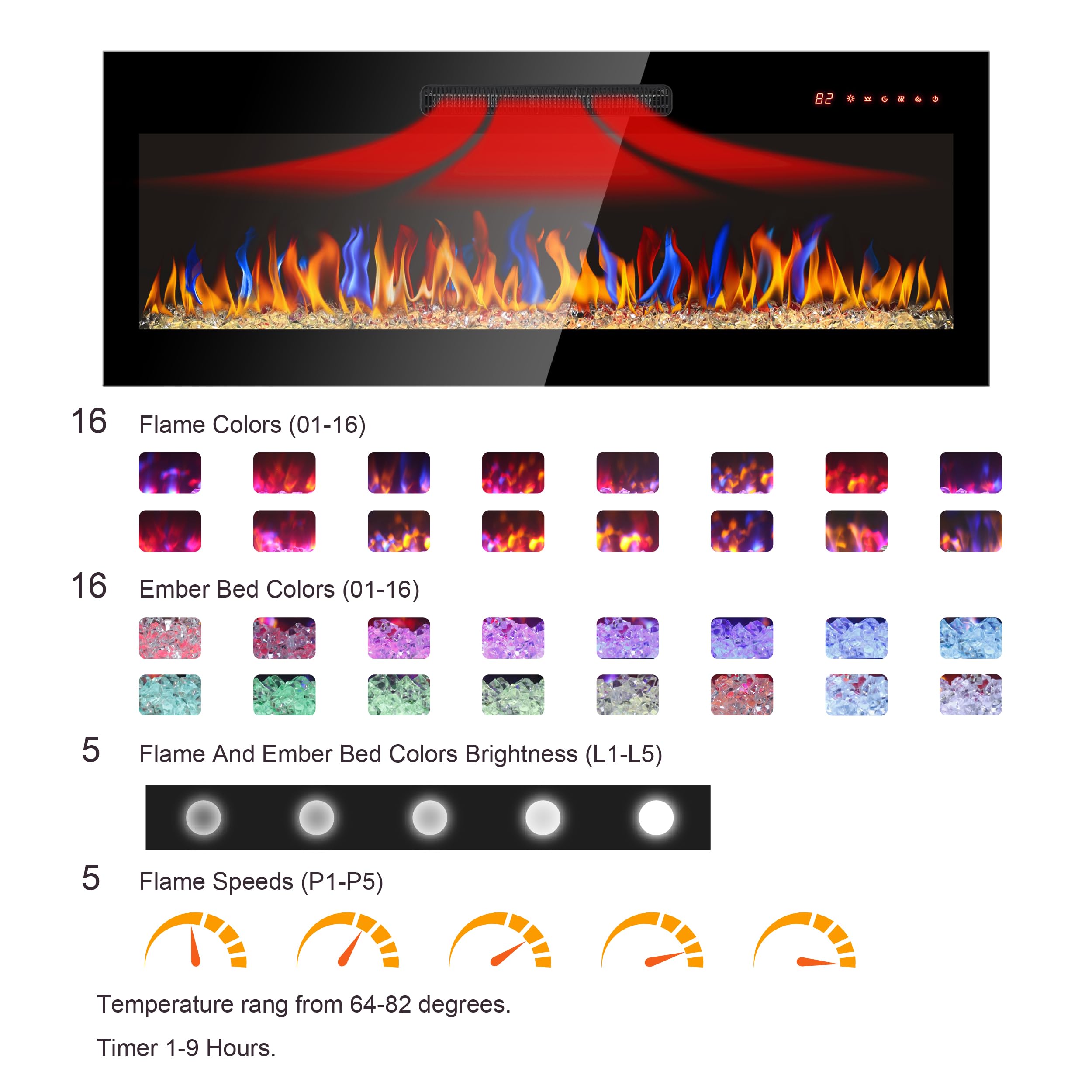 Wall Mount Floating Fireplace Electric Inserts with Remote Control, 16 Flame& Ember Color, Timer, Adjustable Brightness, 60 Inch Fire Place for the Living Room Bedroom, Double Safety Protection, 1400W