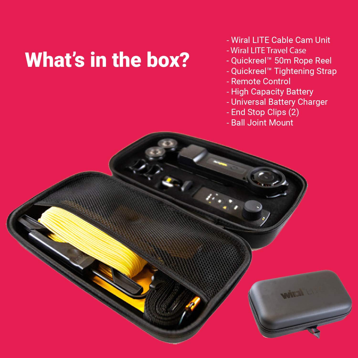 Wiral LITE Cable Cam with Remote for Action Cameras, Smartphones, 360 Camera or DSLR Mirrorless Cameras up to 3.3LBs - Includes Wiral Travel Case (2 Items)