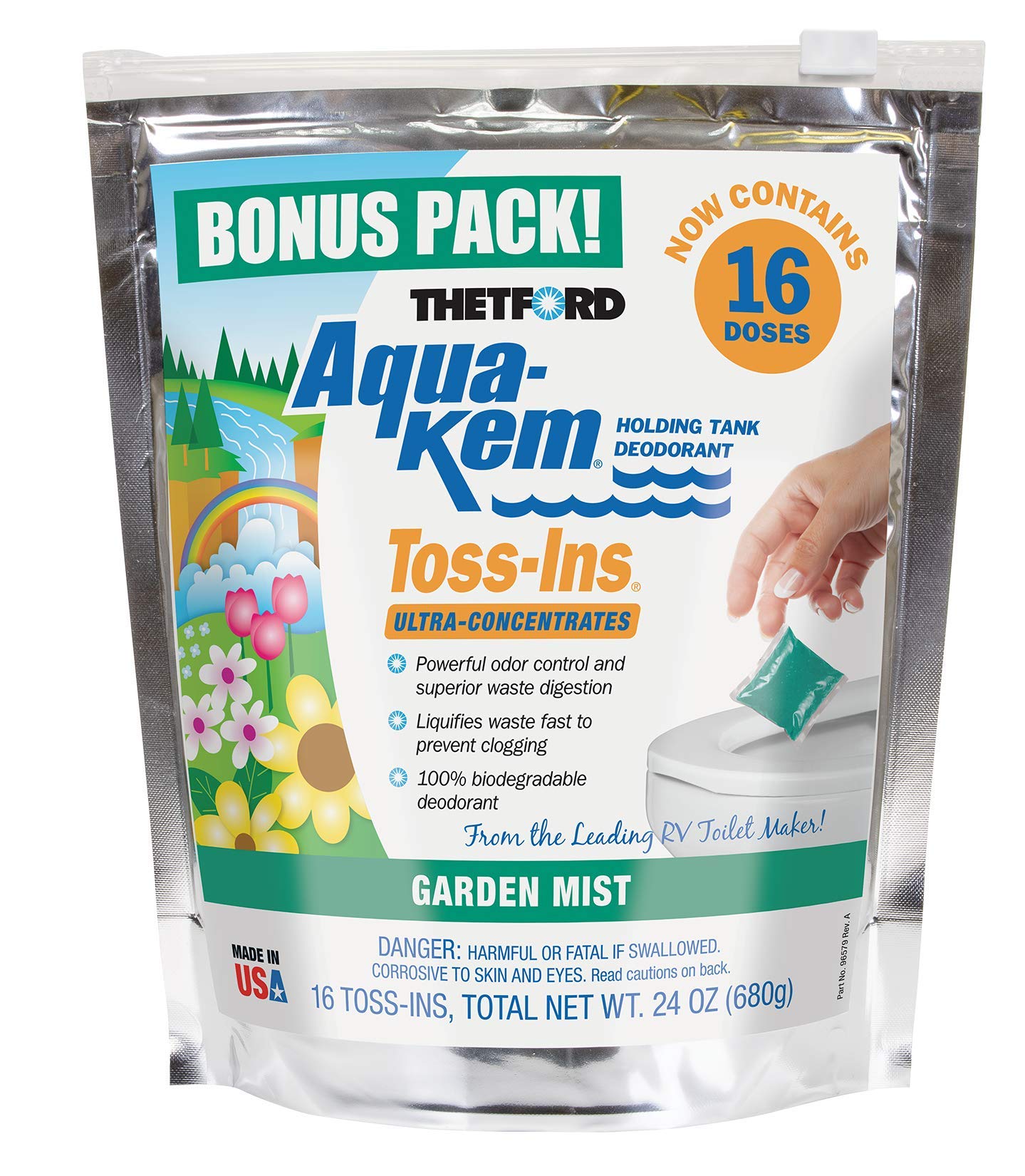 Thetford Aqua-KEM Garden Mist Toss-Ins RV Holding Tank Treatment - Deodorant/Waste Digester/Detergent - Pack of 16 96562