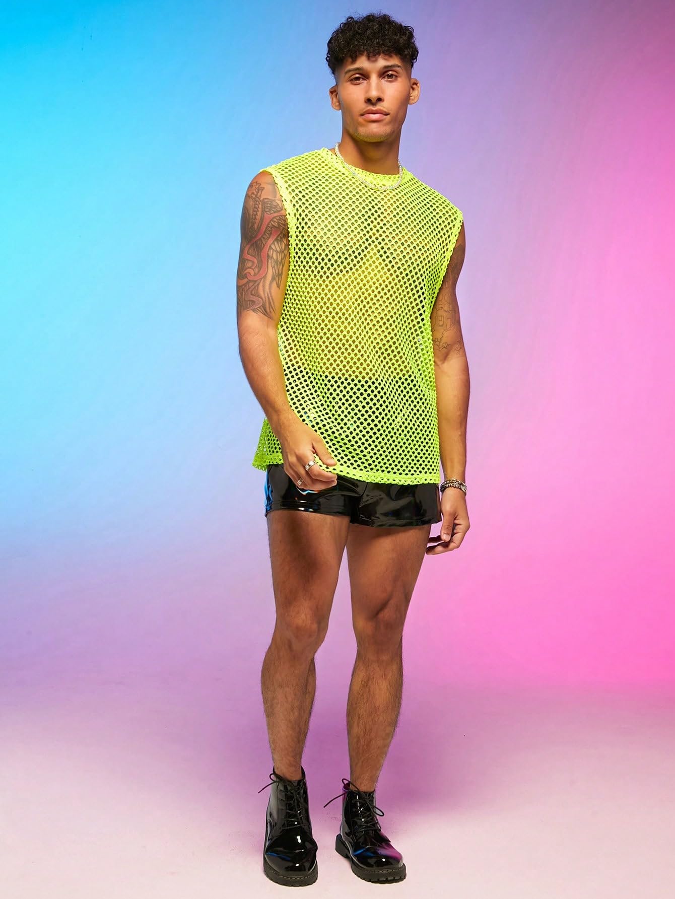 WDIRARA Men's Fishnet Mesh See Through Tank Top Sheer Sleeveless Round Neck Casual Tops Yellow M