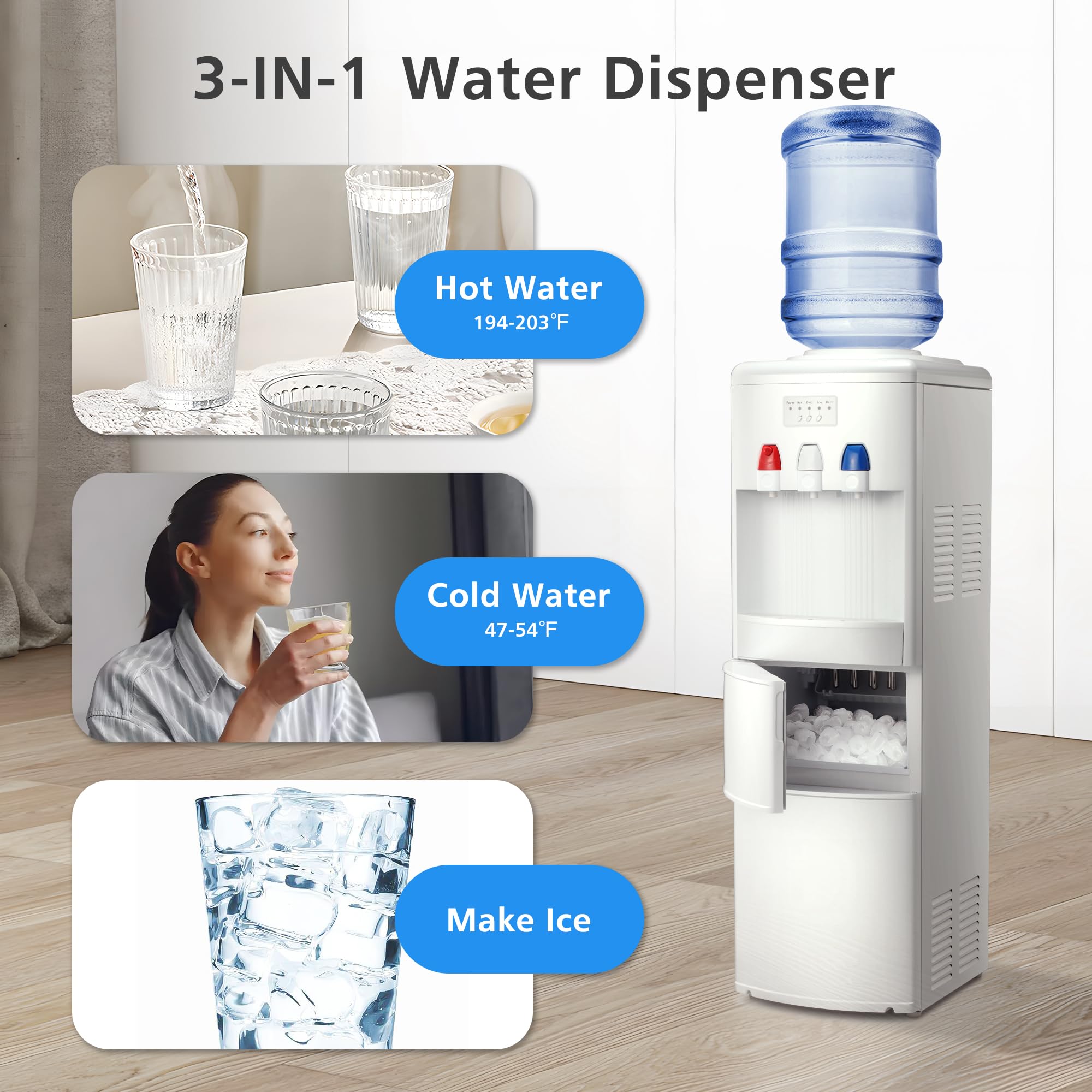 ZAFRO 2-in-1 Bottom Loading Water Cooler Dispenser Hot and Cold 3 to 5 Gallon Bottle Water Dispenser 27LBS/24H Ice Maker Machine with Child Safety Lock(White)